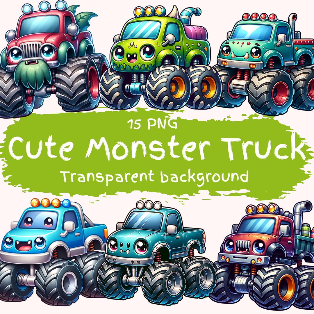 Cute Monster Truck Clipart Bundle 15 PNG High Quality Cartoon Monster ...