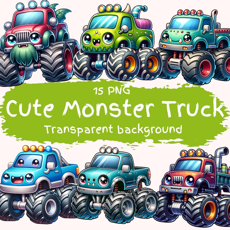 Cute Monster Truck Clipart Bundle 15 PNG High Quality Cartoon Monster ...