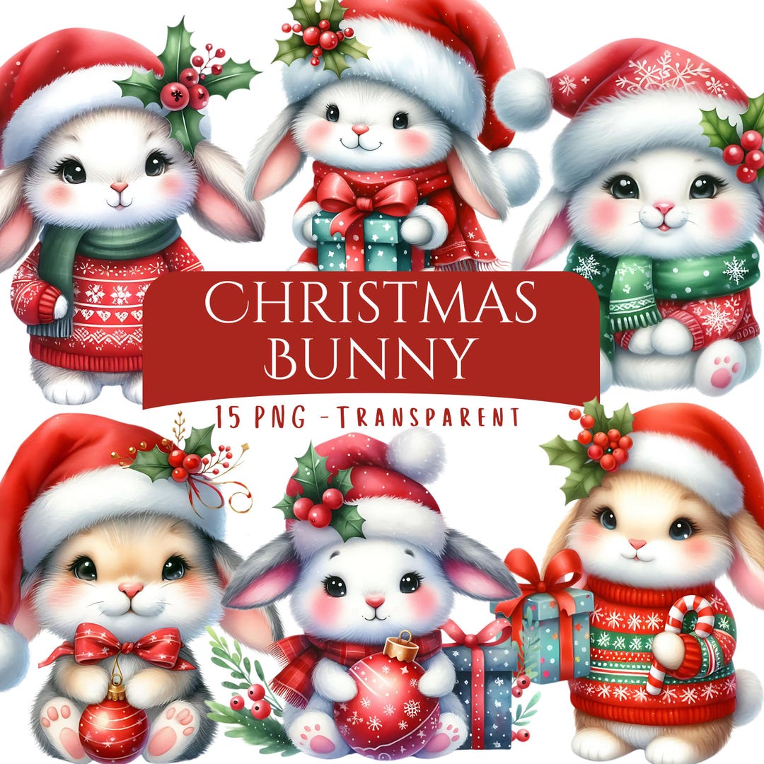 15 PNG Christmas Bunny Clipart Bundle, Winter Season Forest, Digital ...