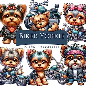 Biker Yorkie Clipart Bundle 15 PNG High Quality Cartoon Yorkshire ...