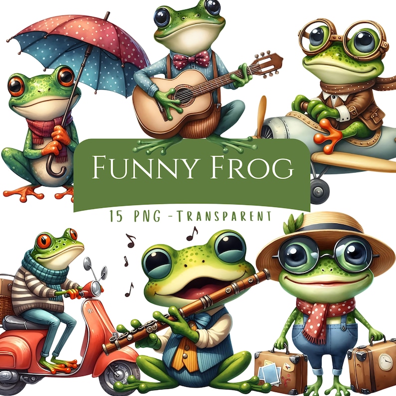 Funny Frog Clipart Bundle 15 PNG Watercolor Cute Quirky Frog Lover ...