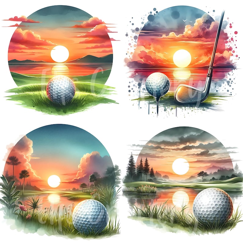 15 JPG Sunset Golf Clipart Bundle Watercolor Golf Landscape Digital ...
