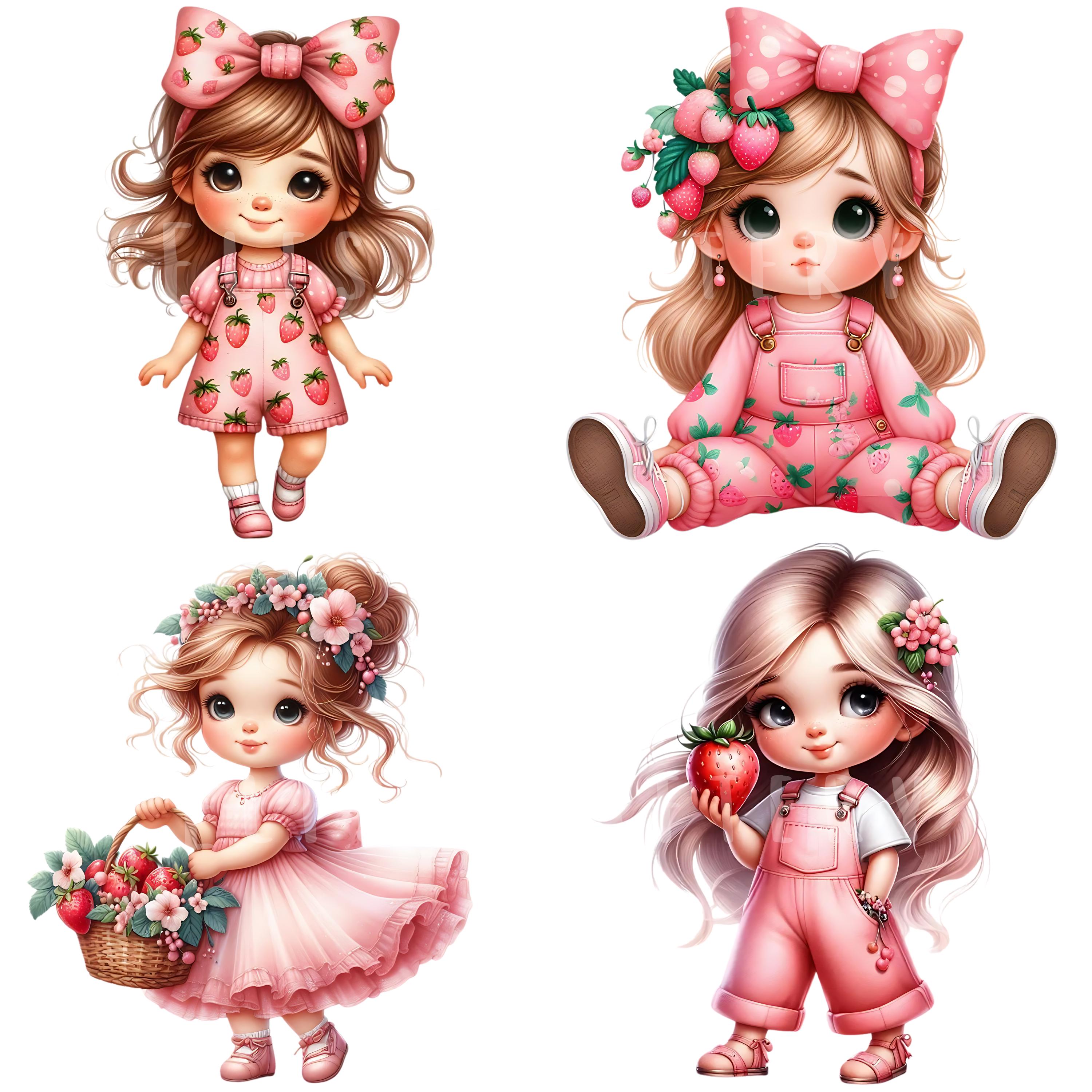 Strawberry Girl Clipart Bundle 15 PNG High Quality Watercolor Cute Girl ...