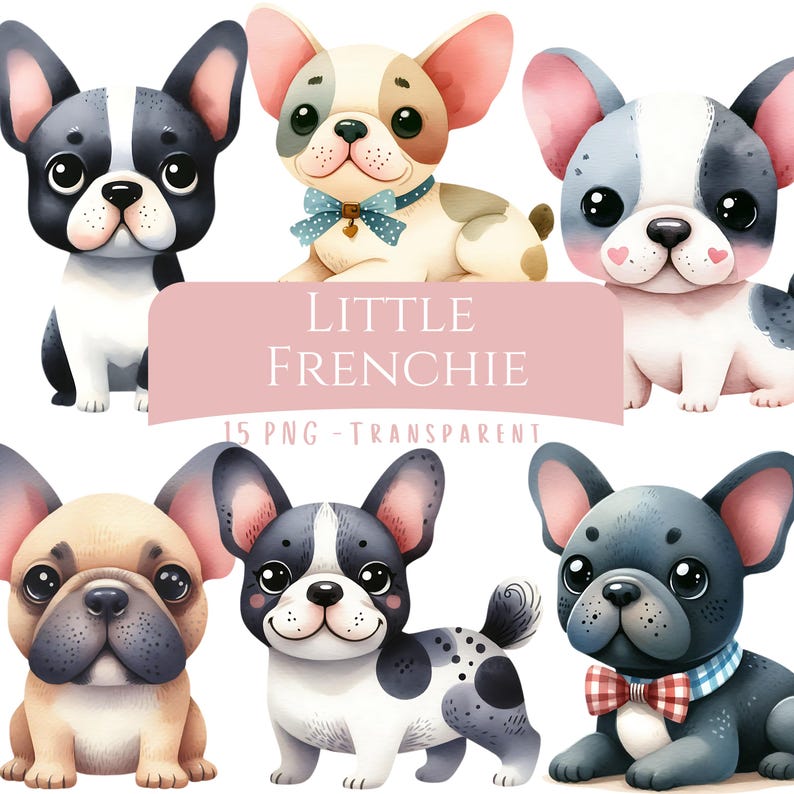 Little Frenchie, 15 PNG Clipart Bundle, Watercolor French Bulldog ...
