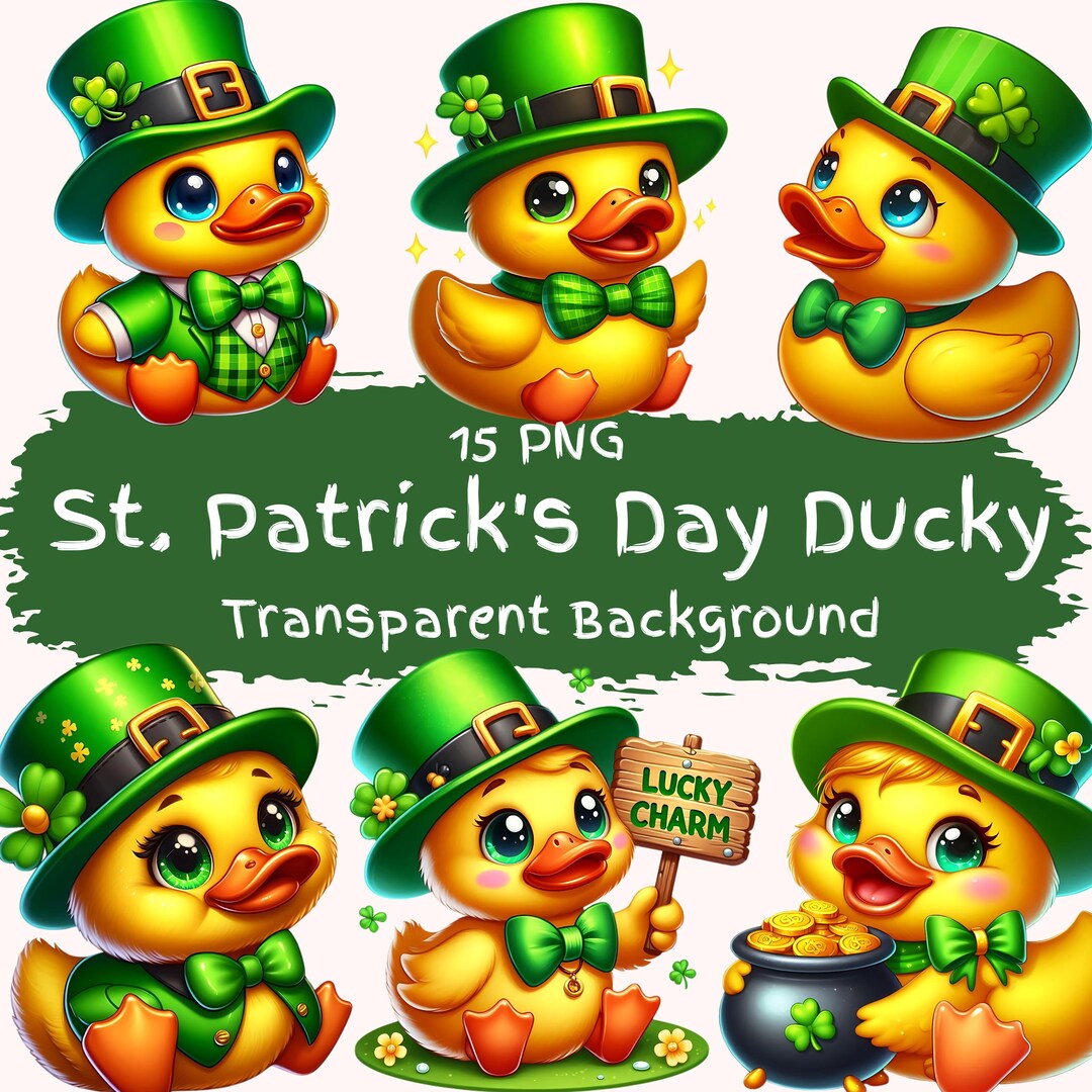 St. Patrick's Day Ducky Clipart Bundle 15 PNG Cute Duck Digital Download Files Lucky Charm ...