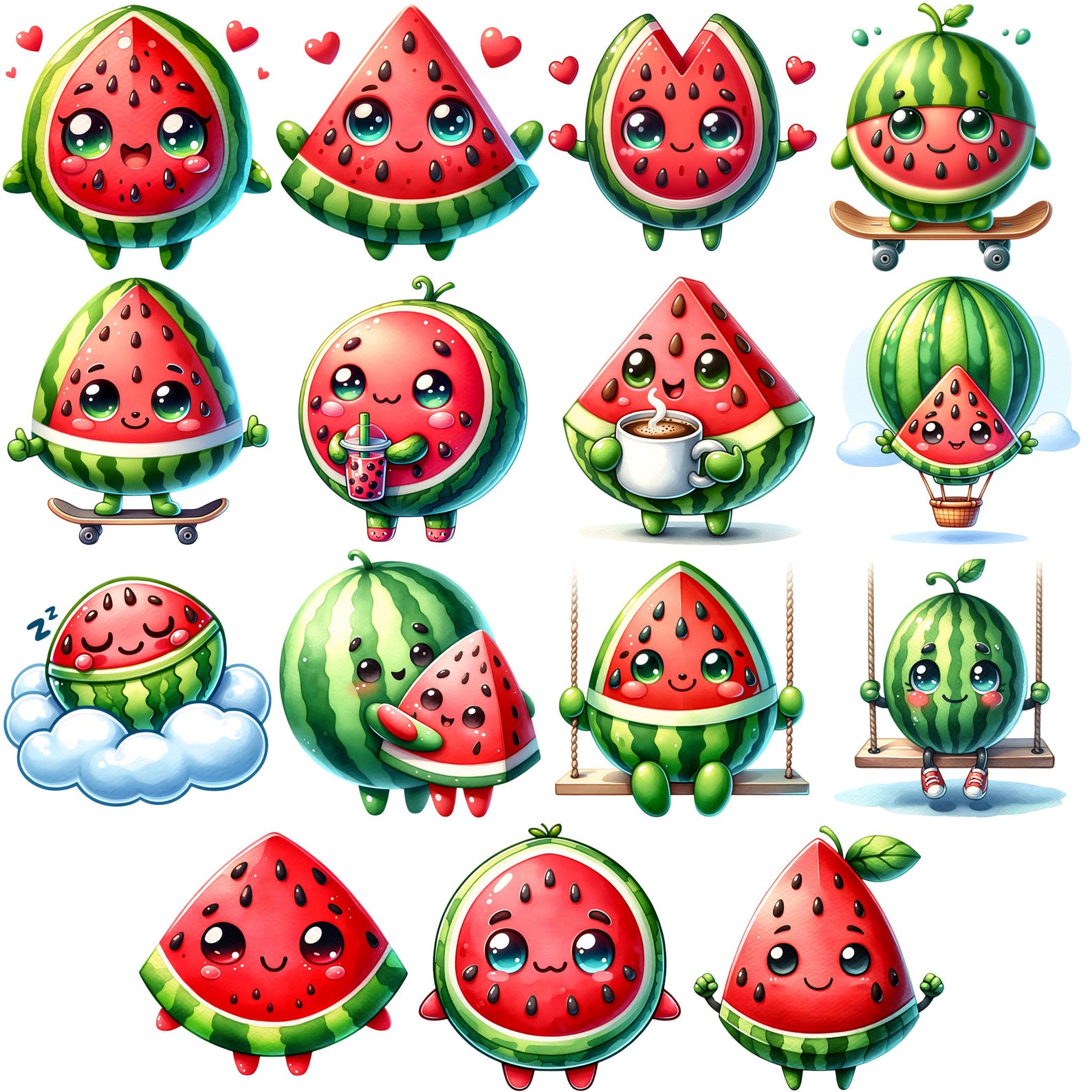 Watermelon Character Clipart Bundle 15 PNG High Quality Kawaii ...