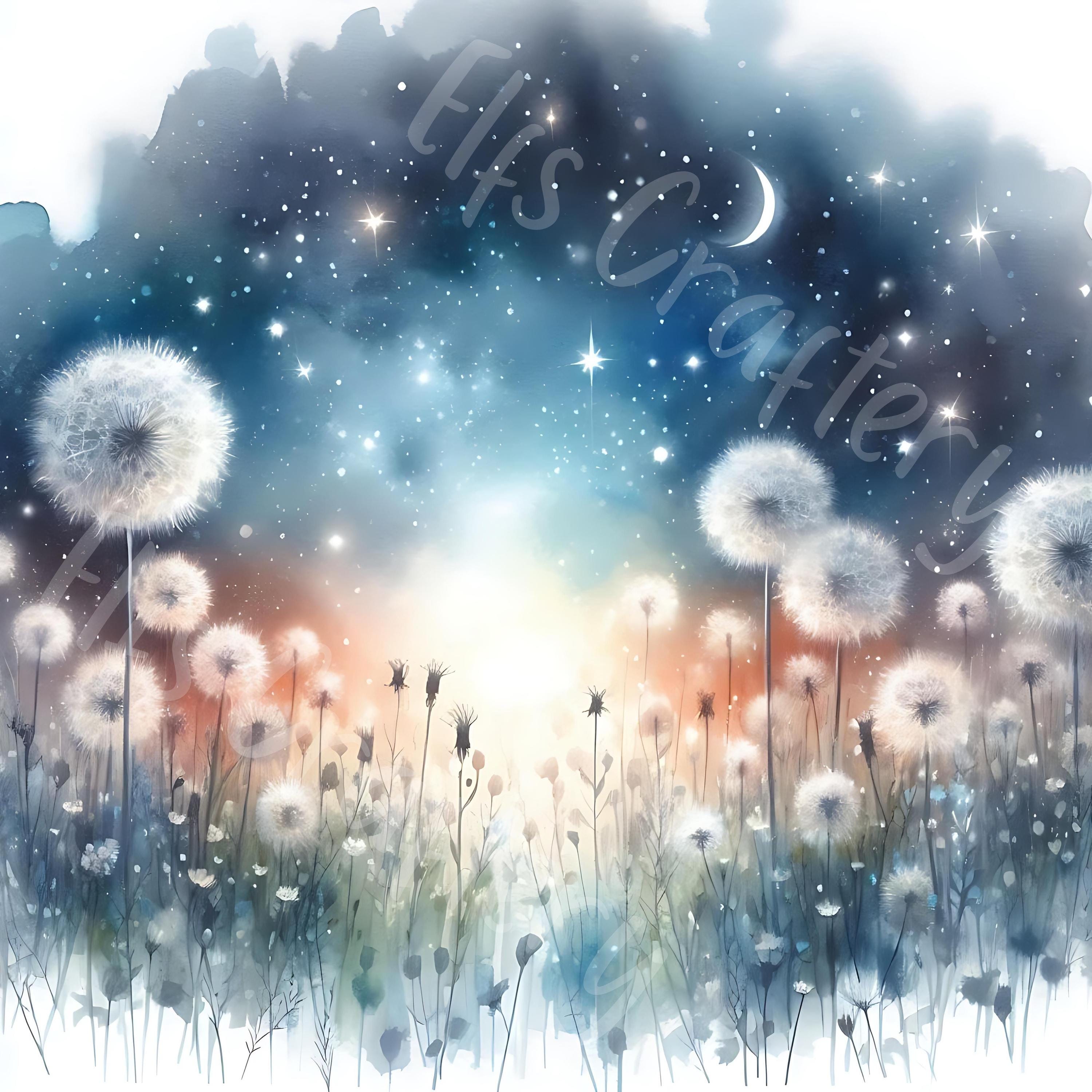 15 JPG Starry Night Dandelions Digital Art Bundle Watercolor Oil ...