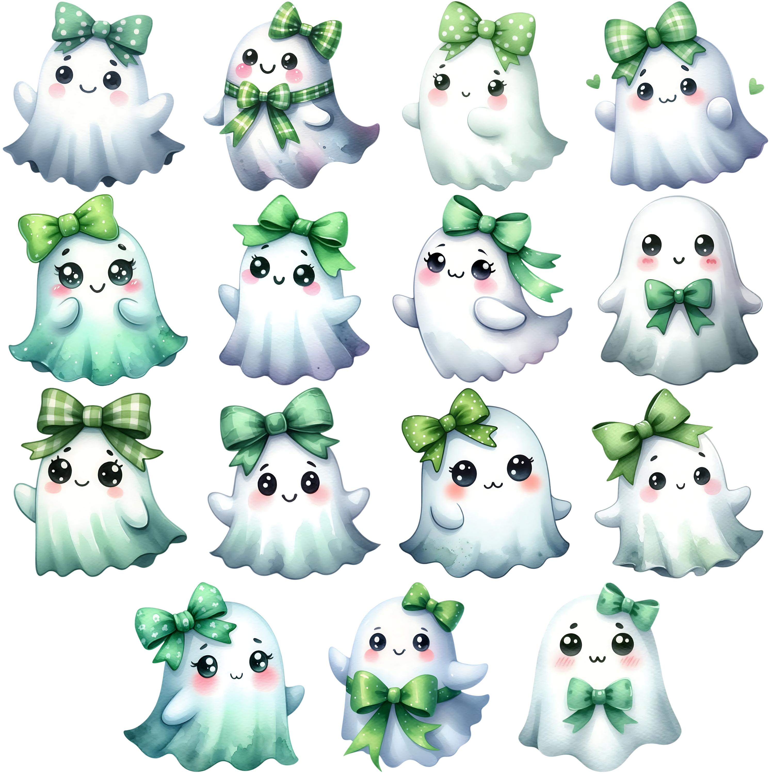 Little Green Ghost Clipart Bundle 15 PNG High Quality Watercolor Cute ...