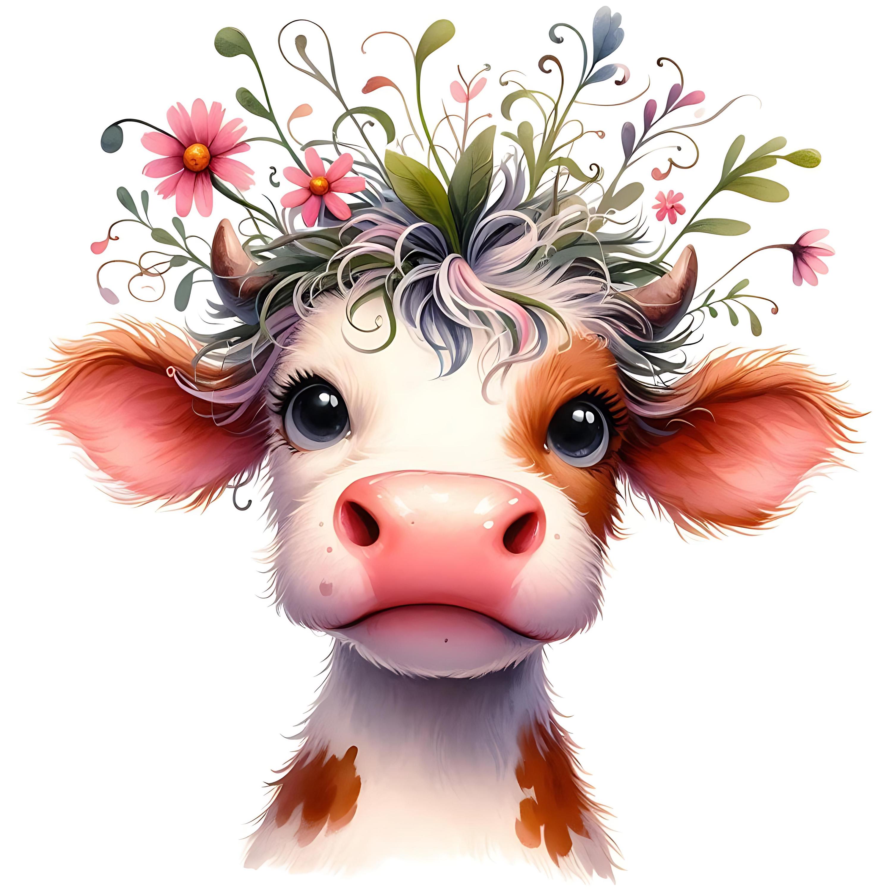 15 JPG Quirky Flower Cow Clipart Bundle Watercolor Quirky Cow Digital ...