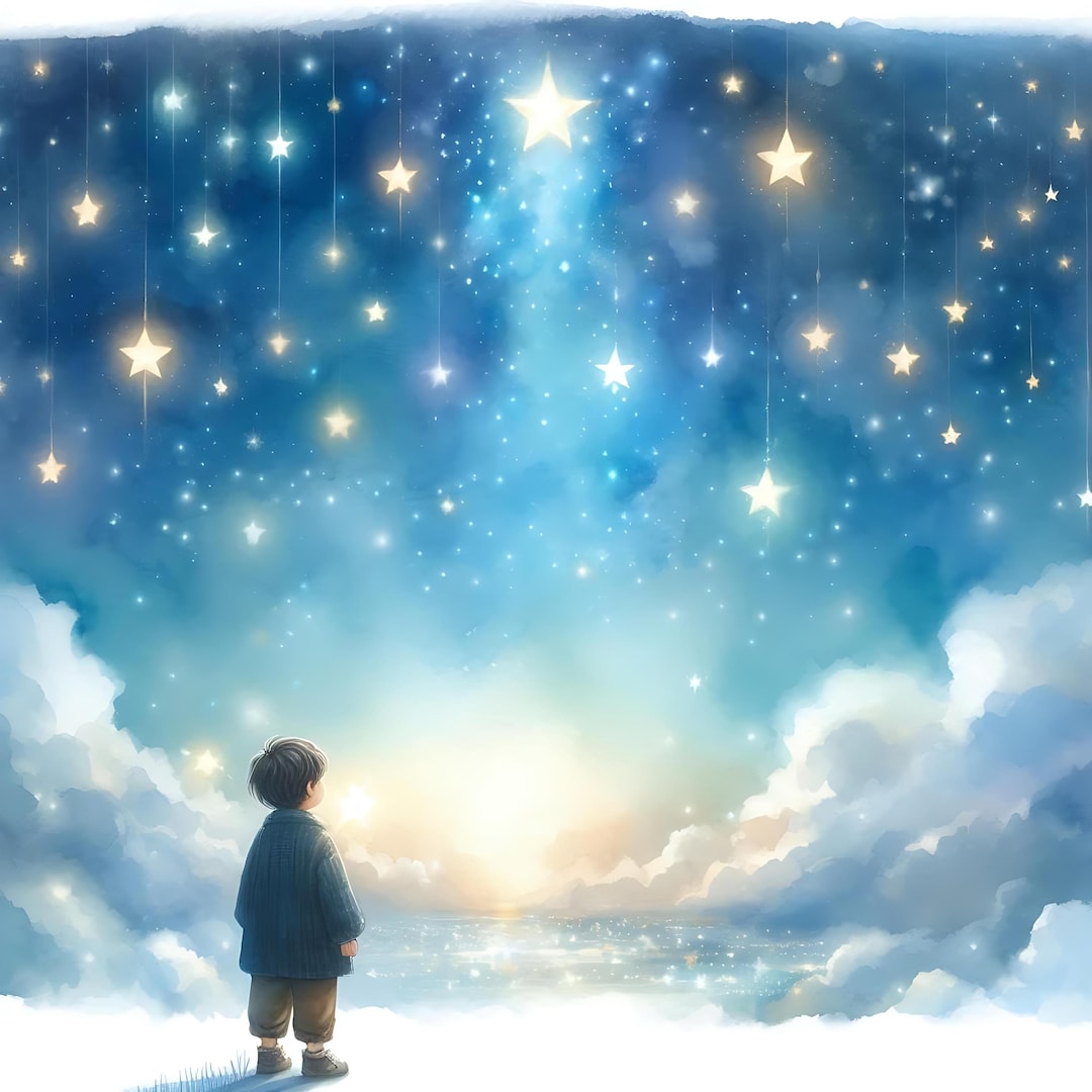 15 JPG Starry Night Boy Digital Art Bundle Watercolor Painting Style ...