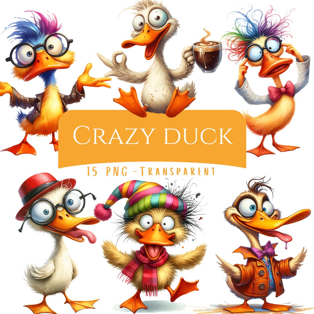 Crazy Duck Clipart Bundle 15 PNG High Quality Watercolor Quirky Duck ...