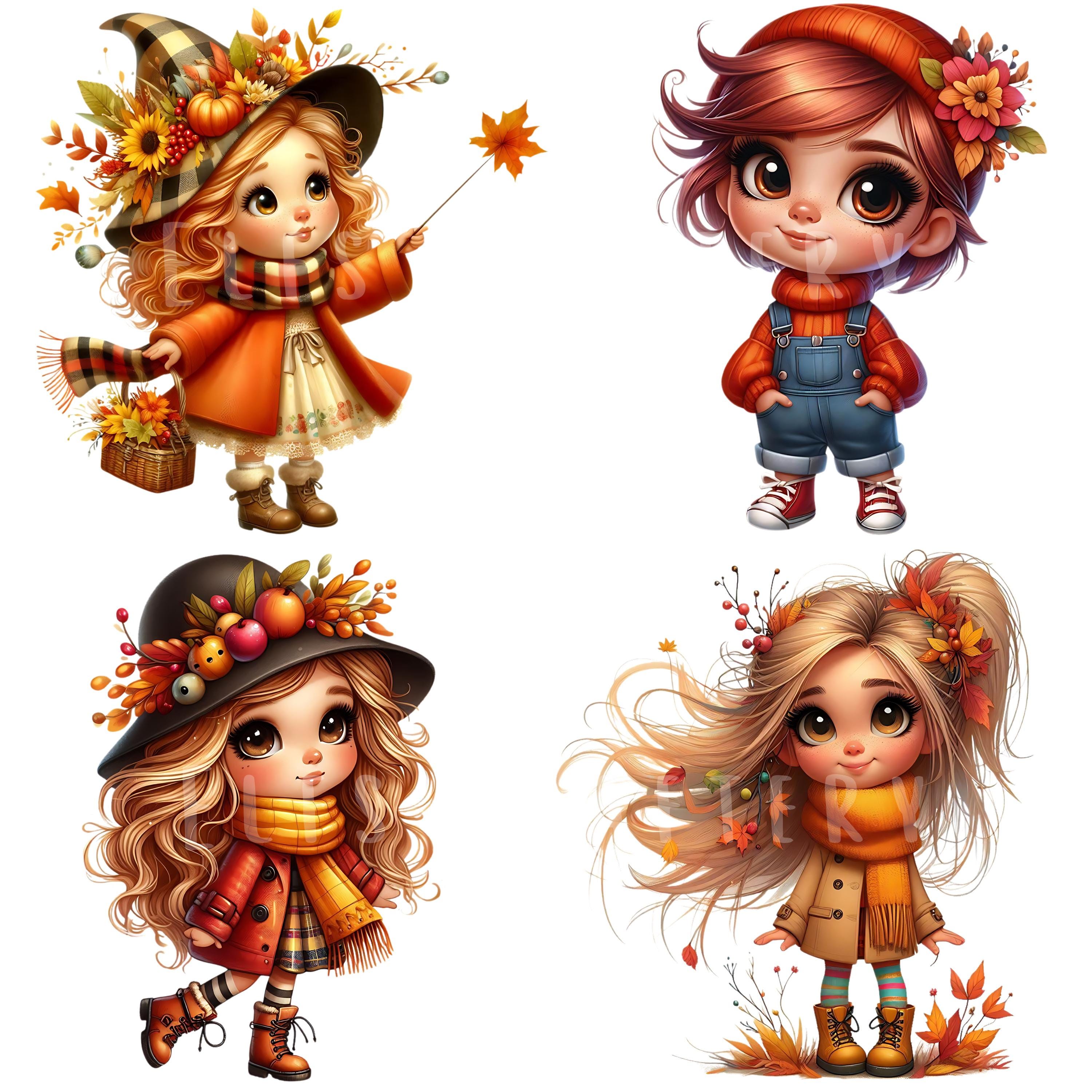 Little Autumn Girl Clipart Bundle 15 PNG High Quality Watercolor Quirky ...