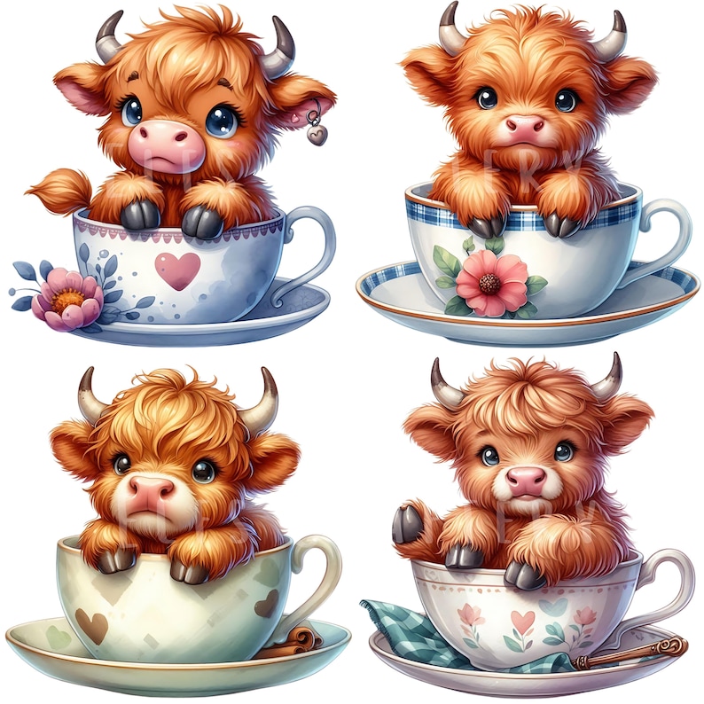 Teacup Highland Cow Clipart Bundle 15 PNG High Quality Cartoon Cute ...