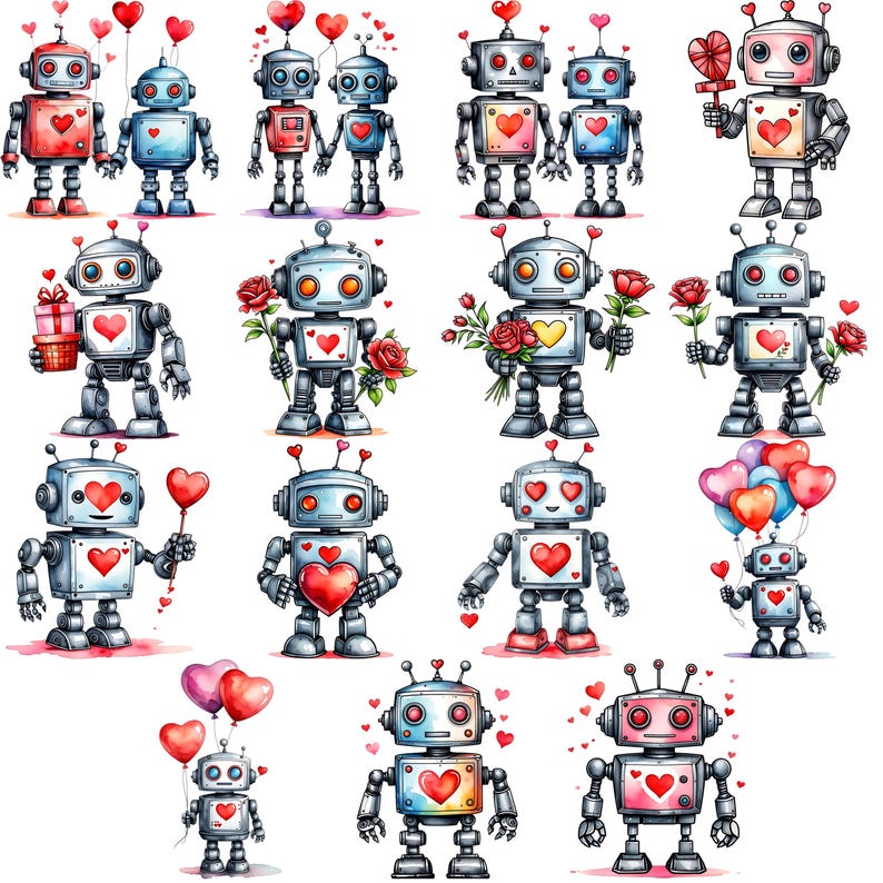 Love Robot Clipart Bundle 15 PNG High Quality Watercolor Robot Digital ...