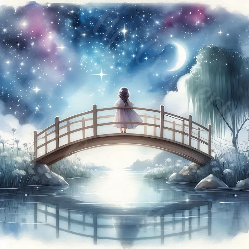 15 JPG Starry Night Girl & Bridge Digital Art Bundle Watercolor Magical ...