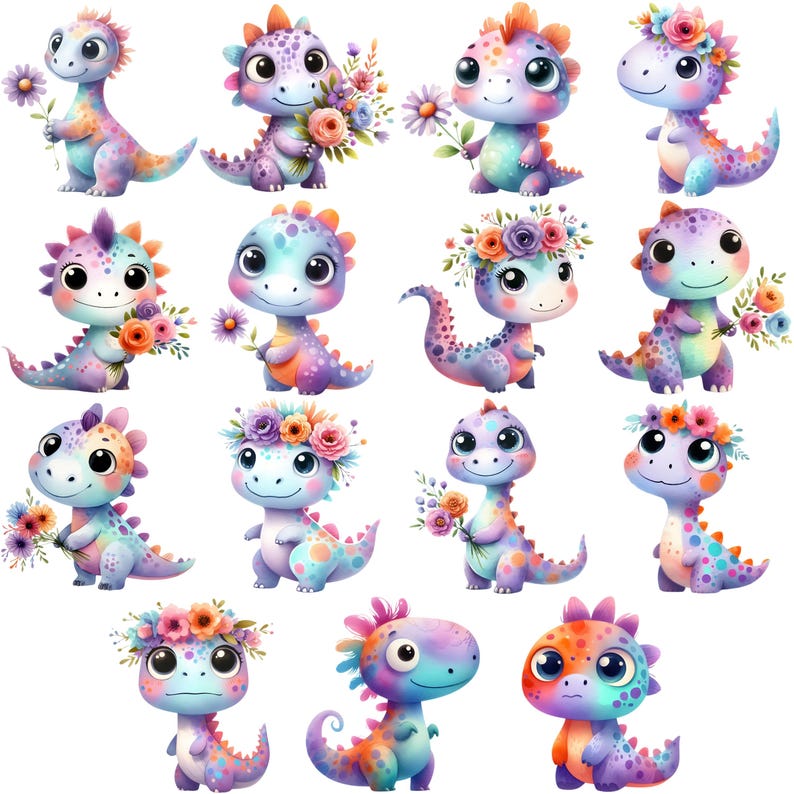 Whimsical Dinosaur Clipart Bundle 15 PNG High Quality Watercolor Cute ...