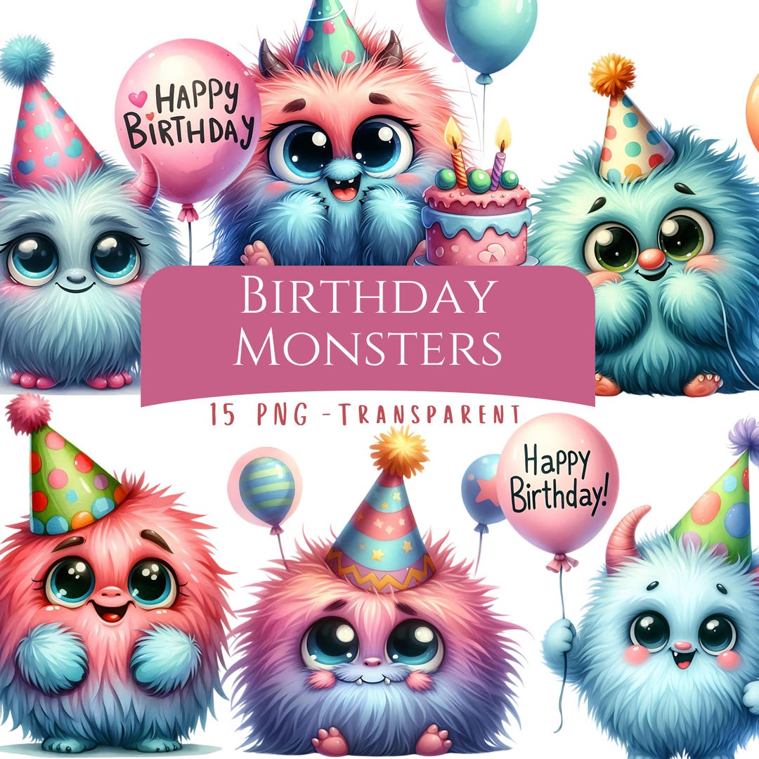 Birthday Monsters Clipart Bundle 15 PNG Watercolor Cute Fluffy Monster ...