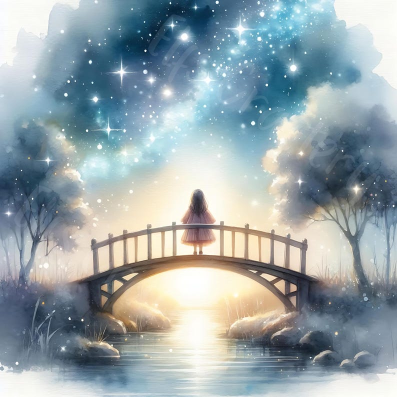 15 JPG Starry Night Girl & Bridge Digital Art Bundle Watercolor Magical ...