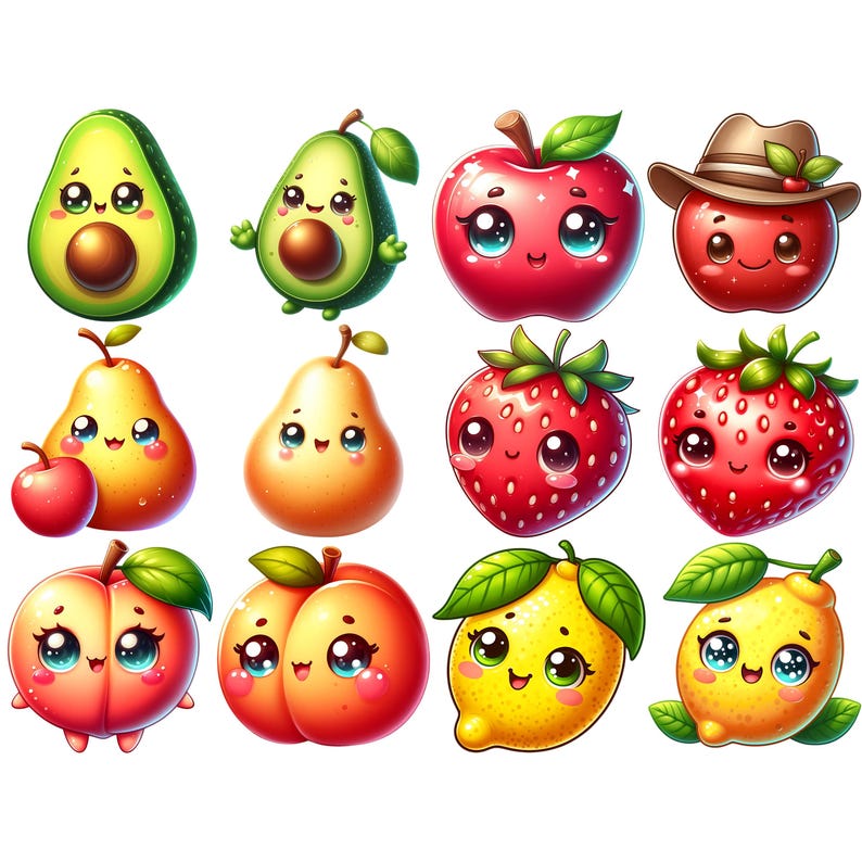 Cute Fruits Clipart Bundle 24 PNG Cartoon Fruit Faces Happy Printable ...