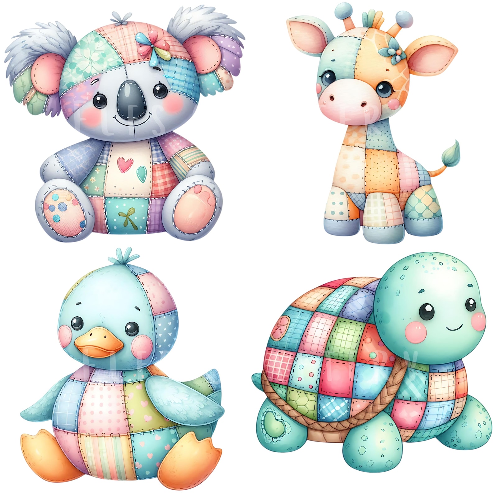 Pastel Patchwork Plush Animal Clipart Bundle 15 PNG High Quality ...