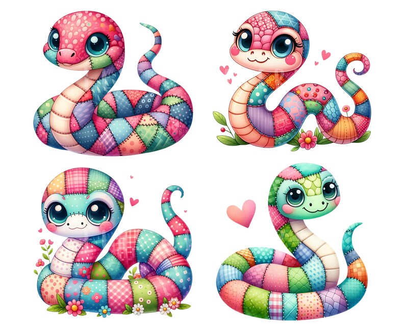 Patchwork Snake Clipart Bundle 15 PNG High Quality Cute Watercolor ...