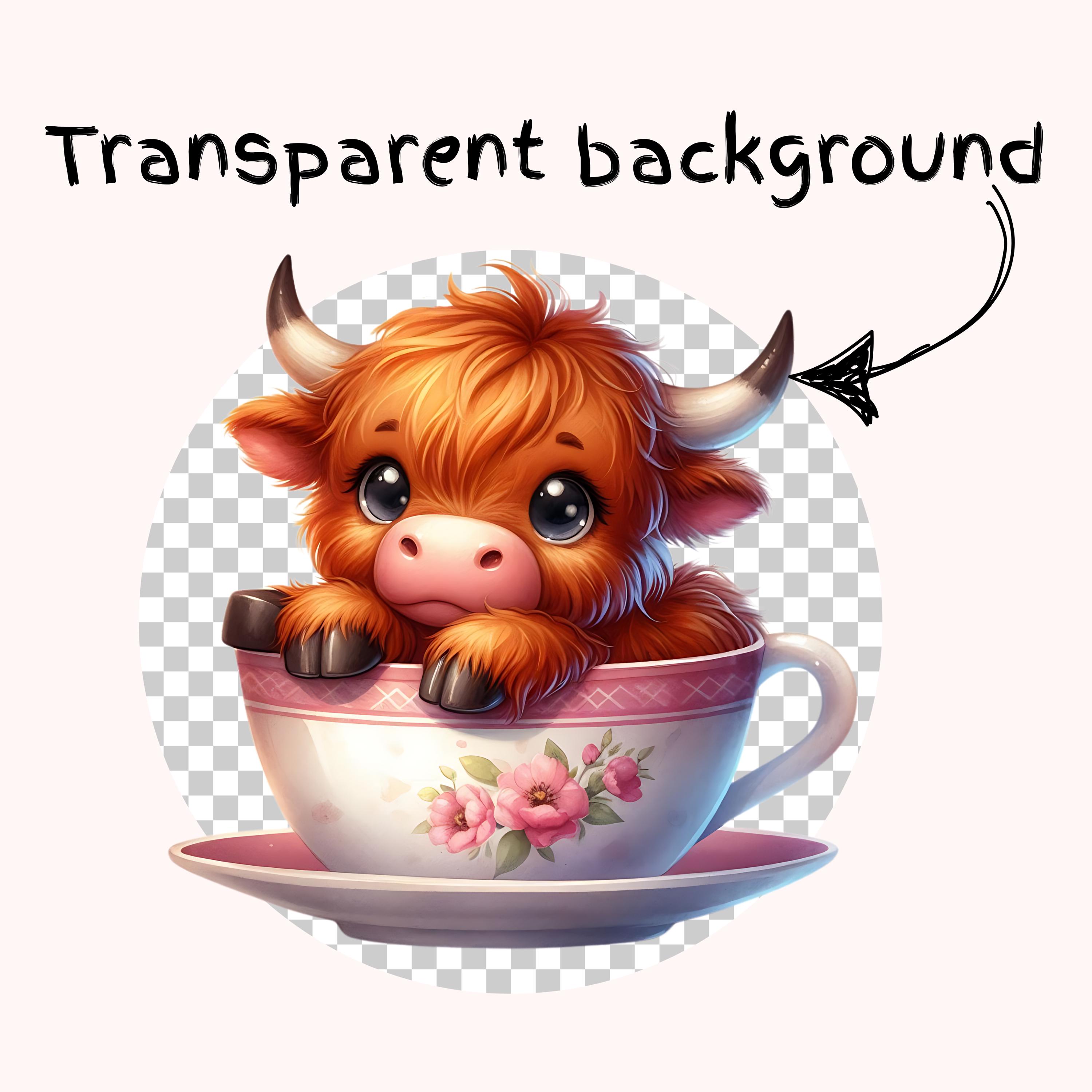 Teacup Highland Cow Clipart Bundle 15 PNG High Quality Cartoon Cute ...