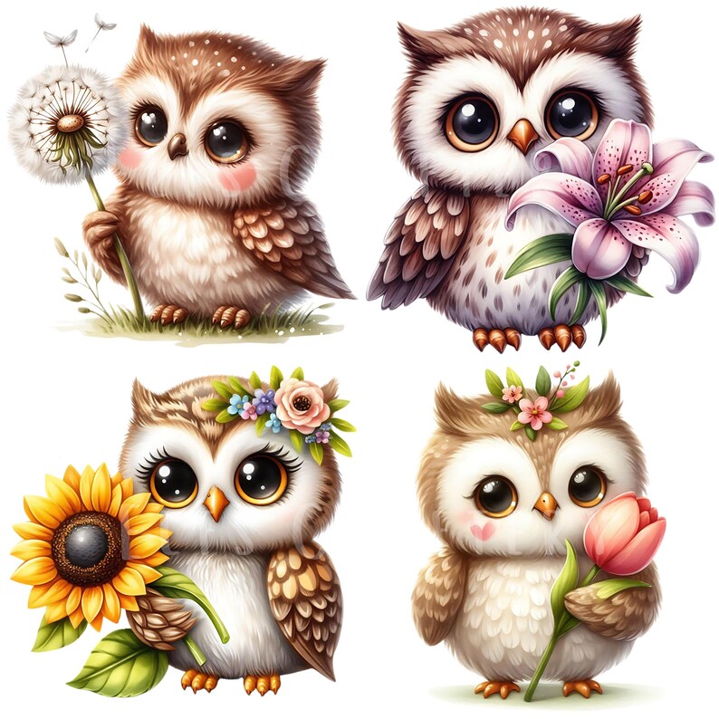 Little Flower Owl Clipart Bundle 15 PNG Watercolor Floral Owl Digital ...