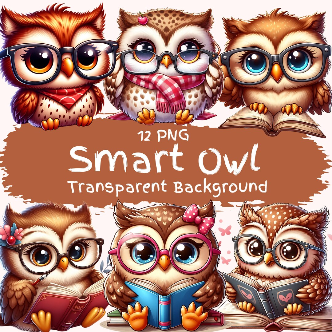 Smart Owl Clipart Bundle 12 PNG High Quality Cartoon Cute Nerd Book ...
