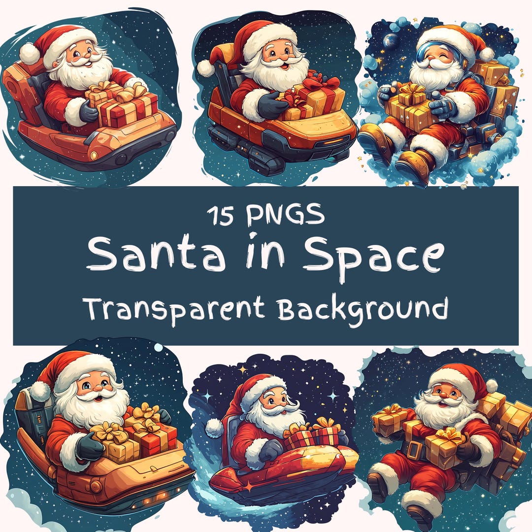 Santa in Space Clipart Bundle 15 PNG Cute Santa Delivering Gift in ...