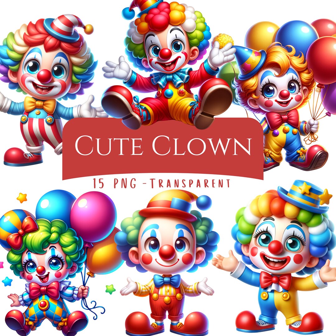 Cute Clown Clipart Bundle 15 PNG High Quality Cartoon Funny Clown ...