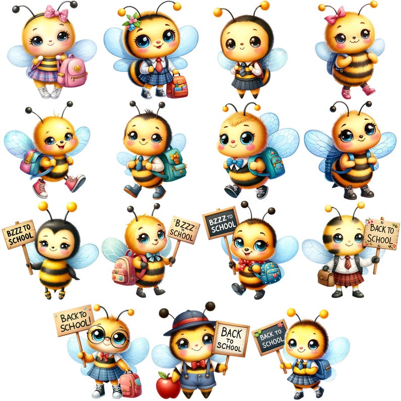 Back to School Bee Clipart Bundle 15 PNG High Quality Watercolor ...