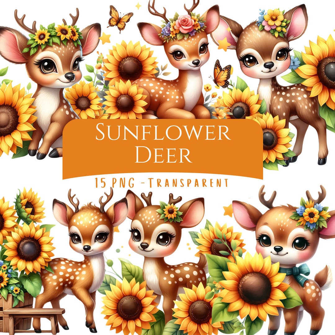 Sunflower Deer Clipart Bundle 15 PNG High Quality Cute Floral Woodland ...