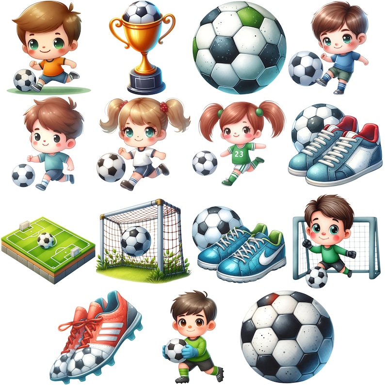 Little Soccer Clipart Bundle 15 PNG High Quality Watercolor Soccer Game ...