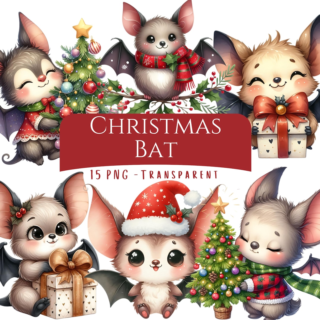 Christmas Bat Clipart Bundle 15 PNG High Quality Cute Watercolor Winter ...