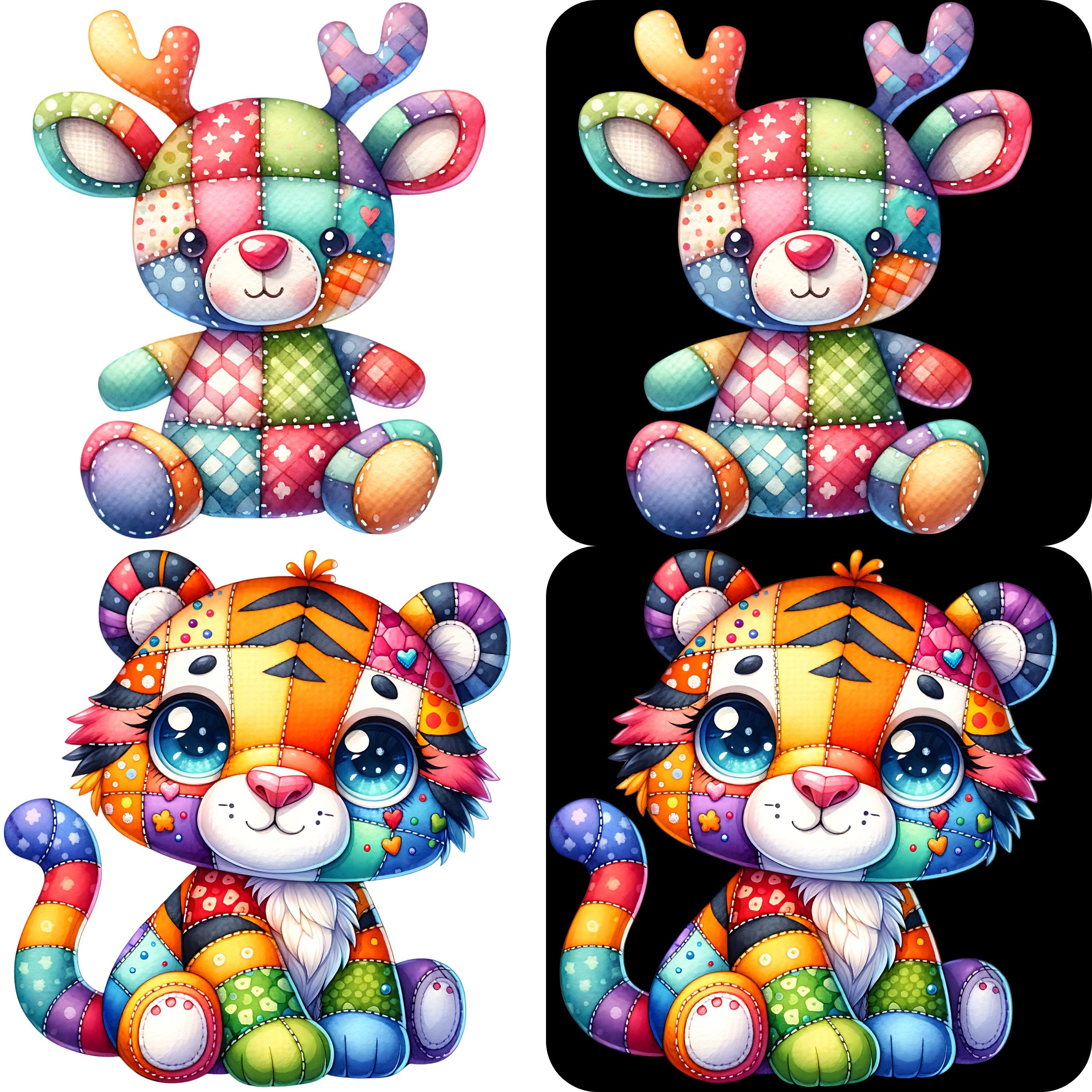 Patchwork Plush Animals Clipart Bundle 15 PNG High Quality Watercolor ...