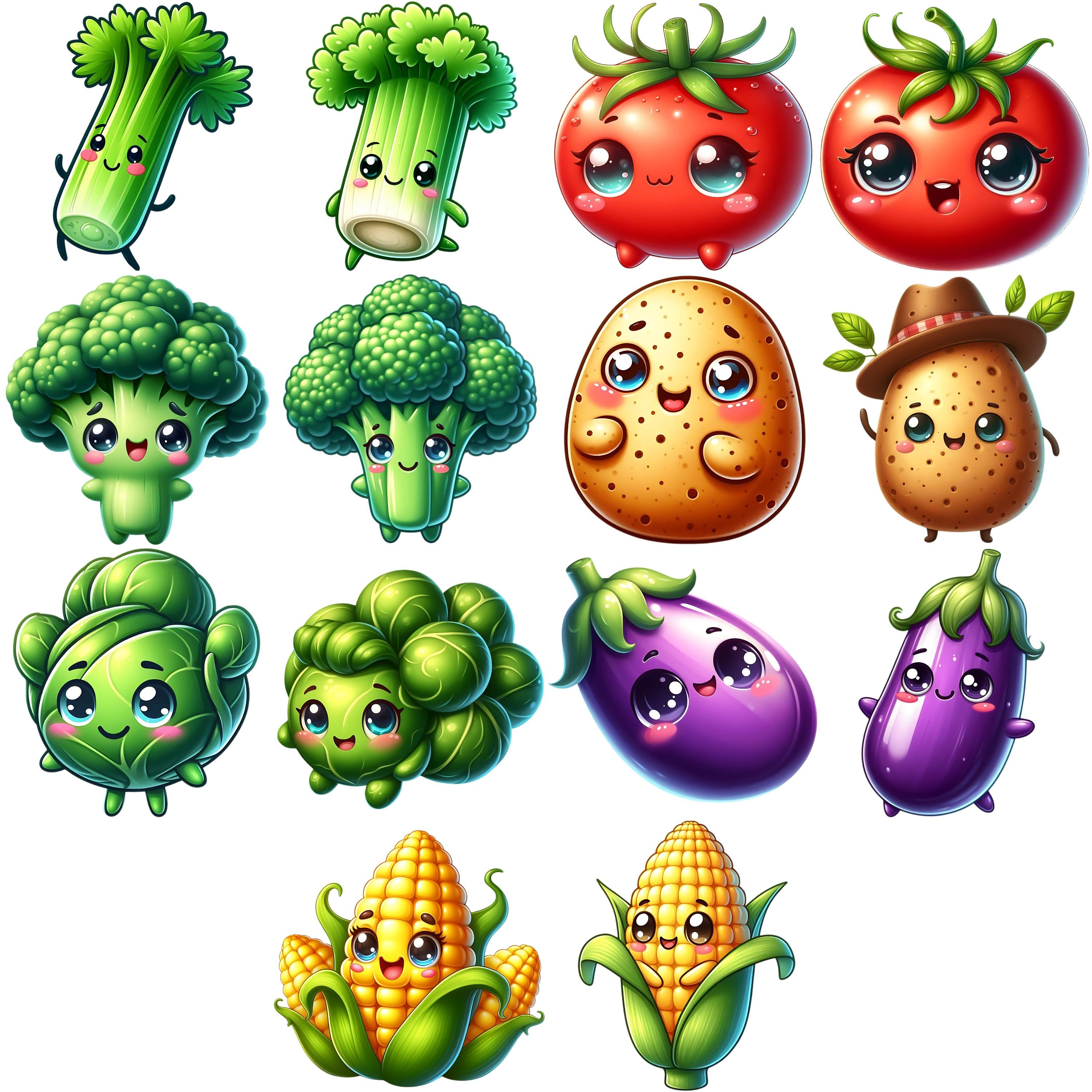 Cute Vegetables Clipart Bundle 28 PNG Happy Vegetable Faces Printable ...