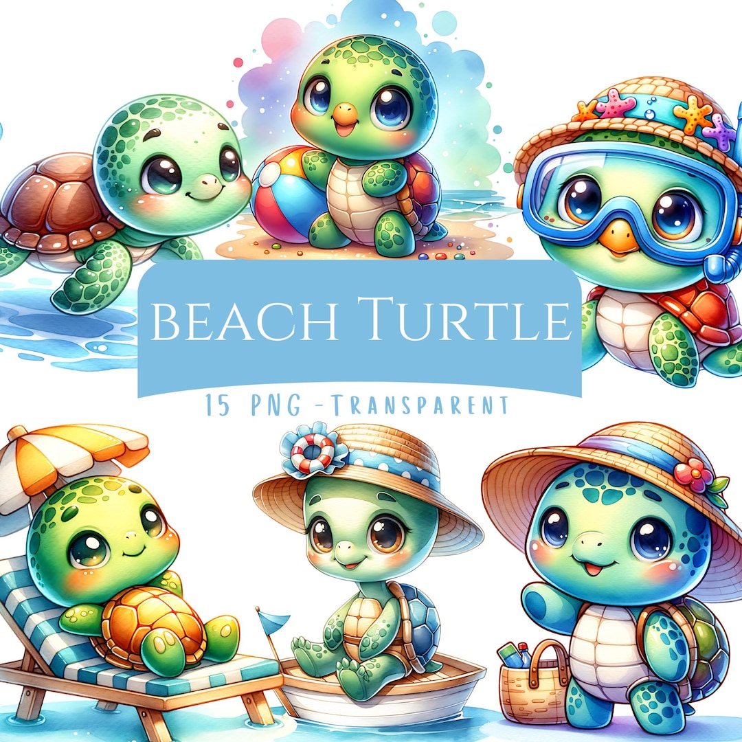 Beach Turtle Clipart Bundle 15 PNG Watercolor Sea Turtle Digital ...