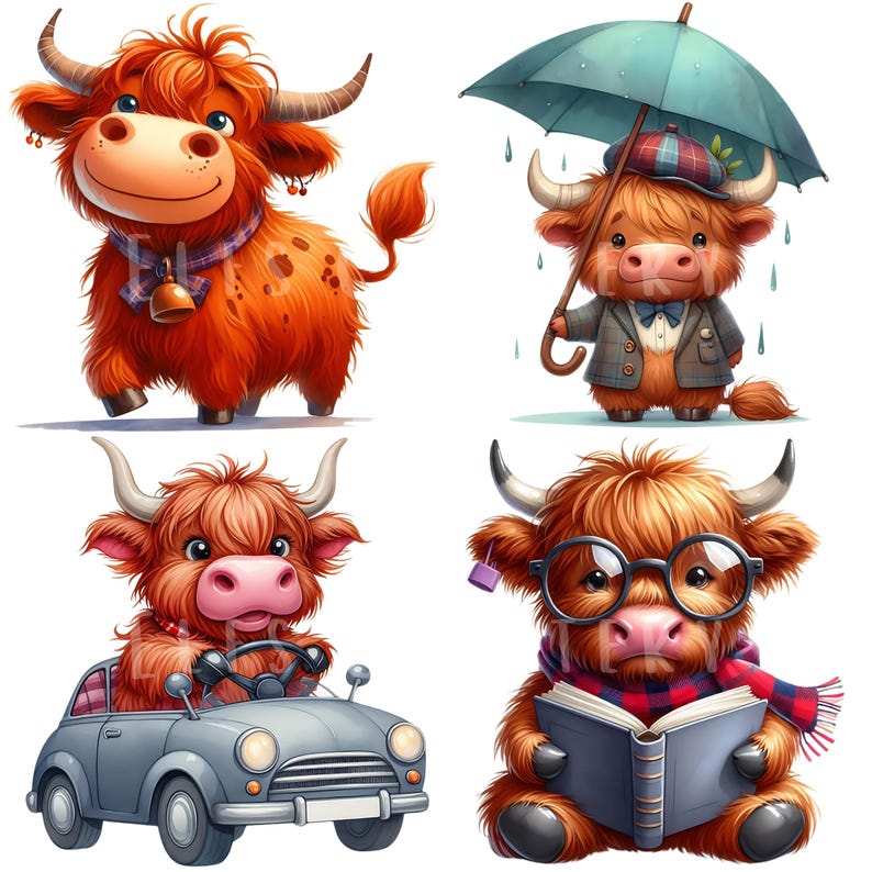 Funny Highland Cow Clipart Bundle 15 PNG Watercolor Cute Quirky Long ...