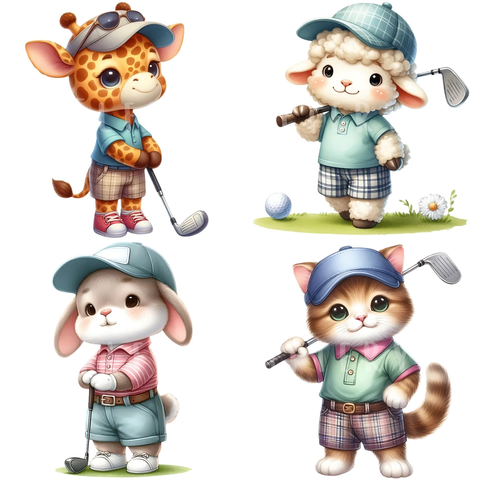 Golf Animals Clipart Bundle 18 PNG High Quality Watercolor Cute Animals ...