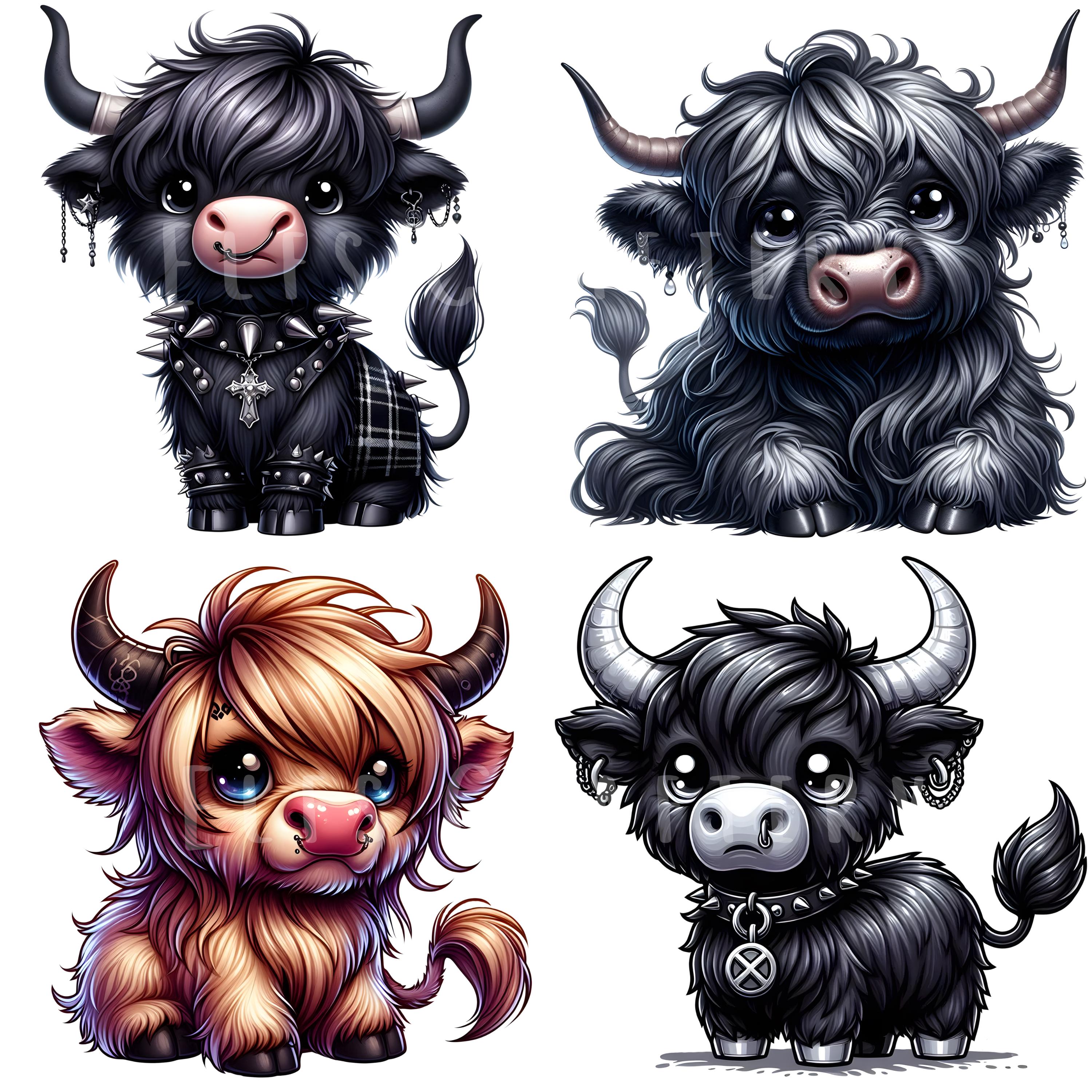 Gothic Highland Cow Clipart Bundle 15 PNG Spooky Cute Goth Long Hair ...