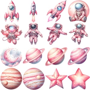 Light Pink Space Clipart Bundle 18 PNG Cute Pink Watercolor Space ...