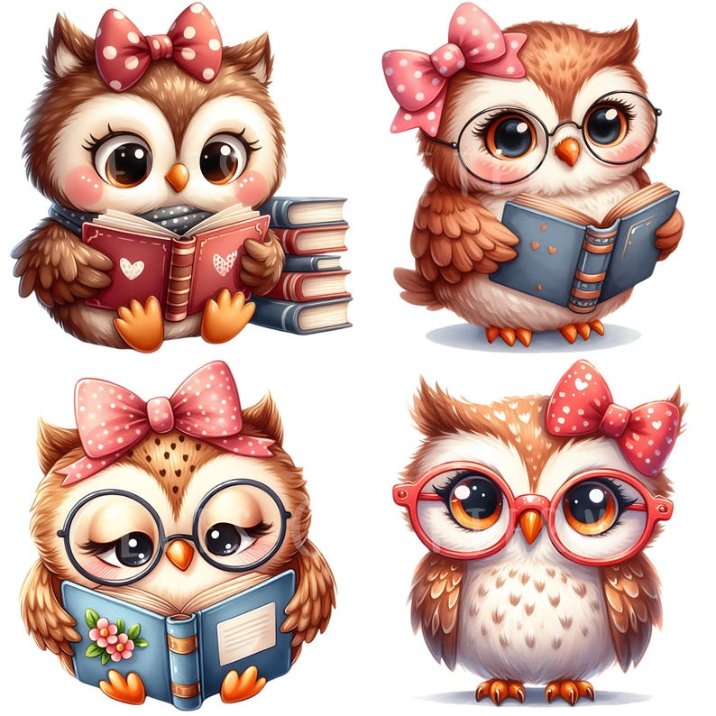Smart Girly Owl Clipart Bundle 15 PNG High Quality Cartoon Watercolor ...
