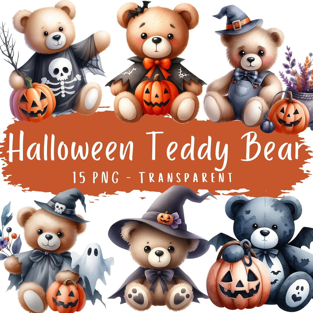 Halloween Teddy Bear Clipart Bundle 15 PNG High Quality Watercolor Cute ...