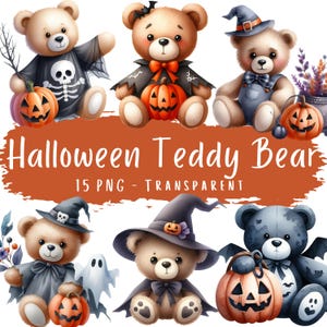 Halloween Teddy Bear Clipart Bundle 15 PNG High Quality Watercolor Cute ...