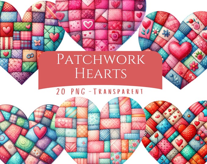 10 Hearts Clipart Bundle, PNG & JPG, Printable Patchwork Heart ...