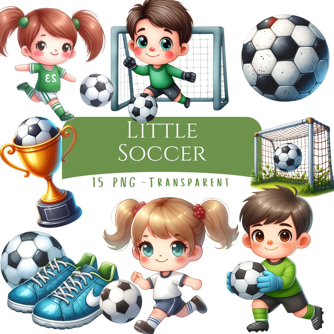 Little Soccer Clipart Bundle 15 PNG High Quality Watercolor Soccer Game ...