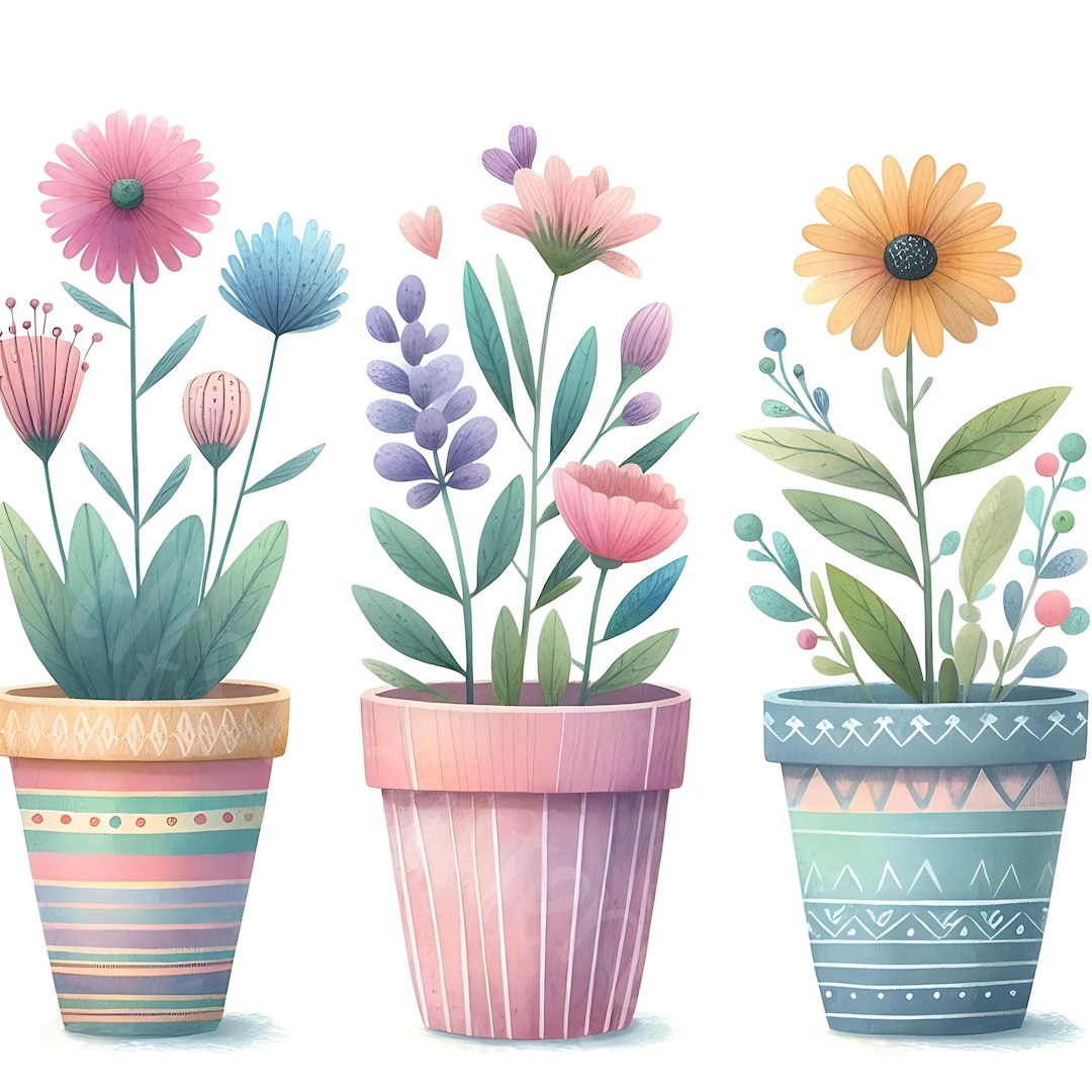 15 JPG Pastel Flower Pots Digital Art Bundle Beautiful Whimsical ...