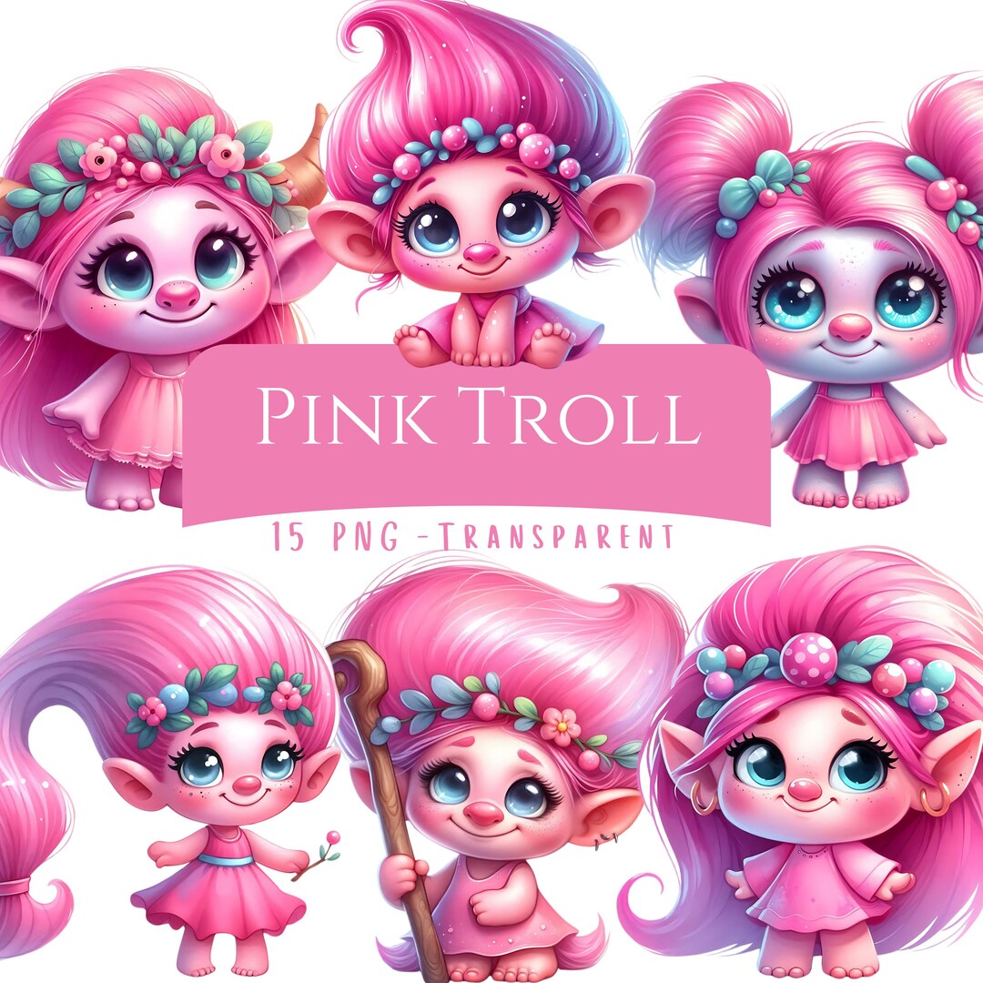 Pink Troll Clipart Bundle 15 PNG High Quality Watercolor Cartoon Cute ...