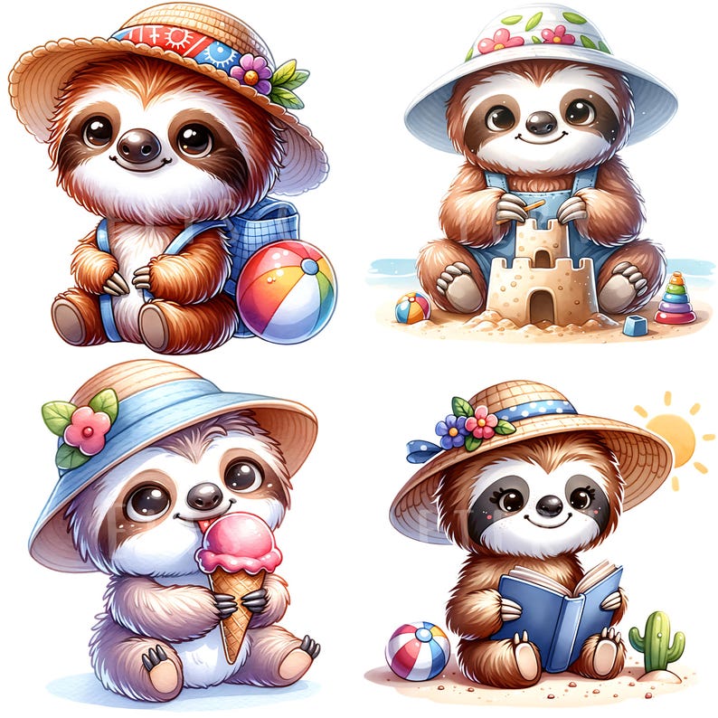 Beach Day Sloth Clipart Bundle 15 PNG High Quality Watercolor Summer ...
