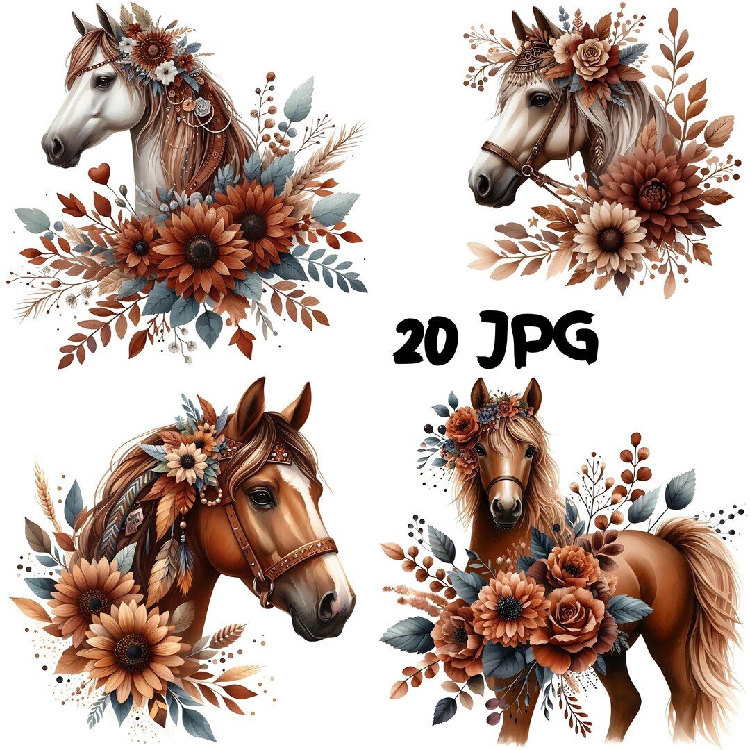 20 JPG Boho Flower Horse Clipart Bundle Watercolor Brown Horse Digital ...